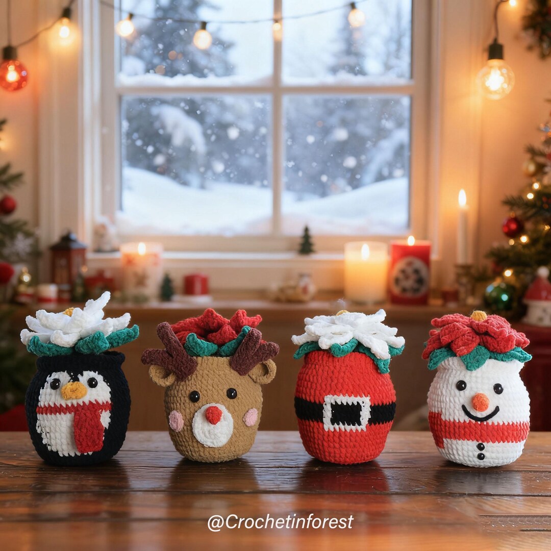 Christmas Crochet Candy Jar Patterns: Reindeer, Penguin, Santa, Snowman ...