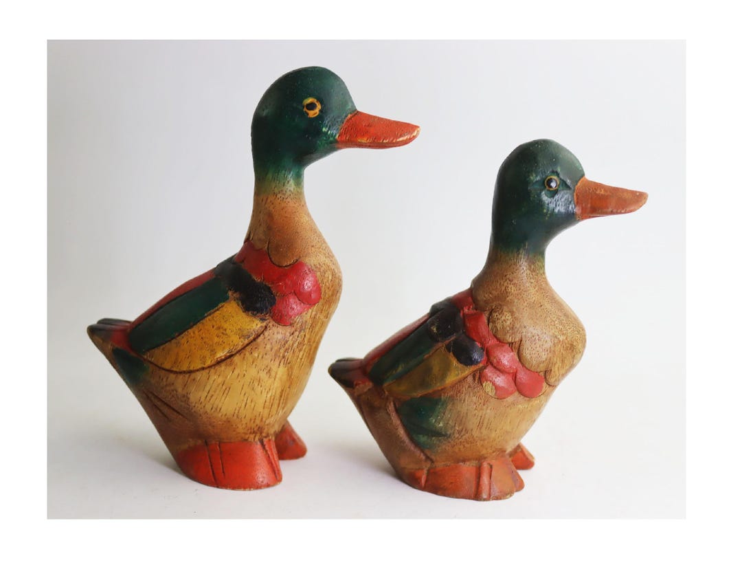 Vintage Hand Carved Wooden Ducks Pair - European Folk Art Figurines ...