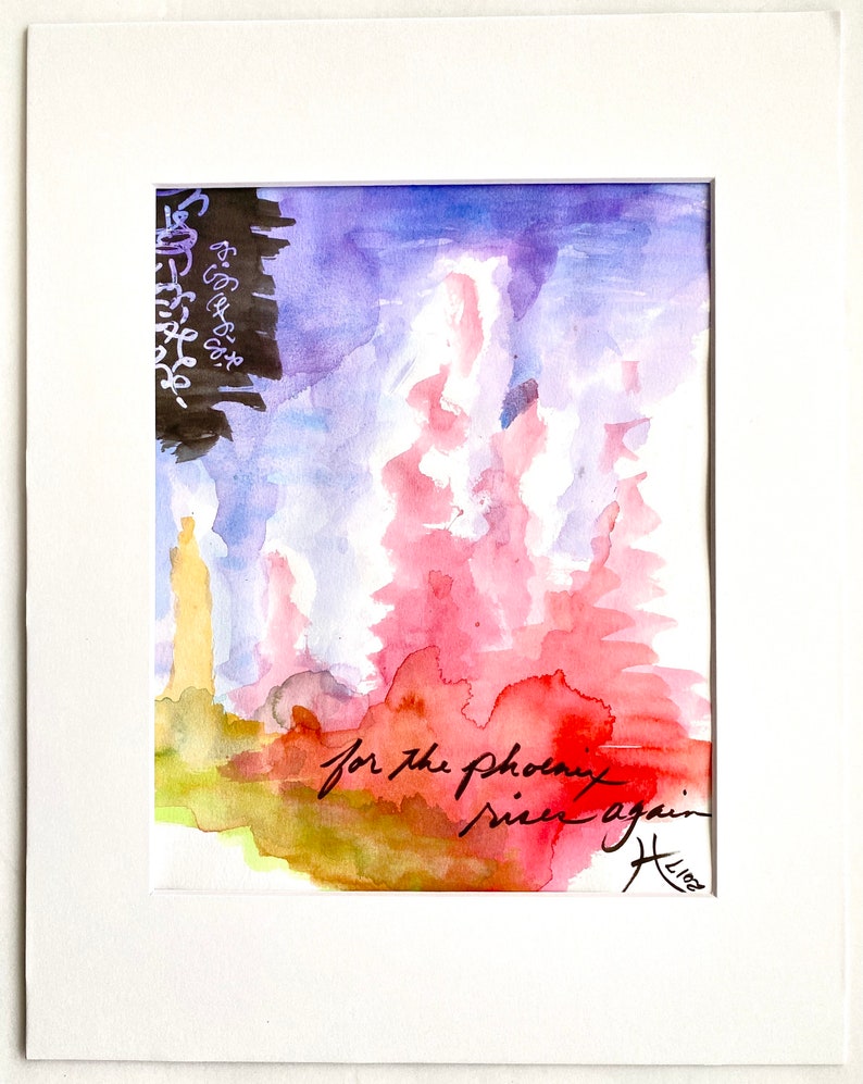 Phoenix Rising Original Poem Wall Art Watercolor Painting Matted Frame ...