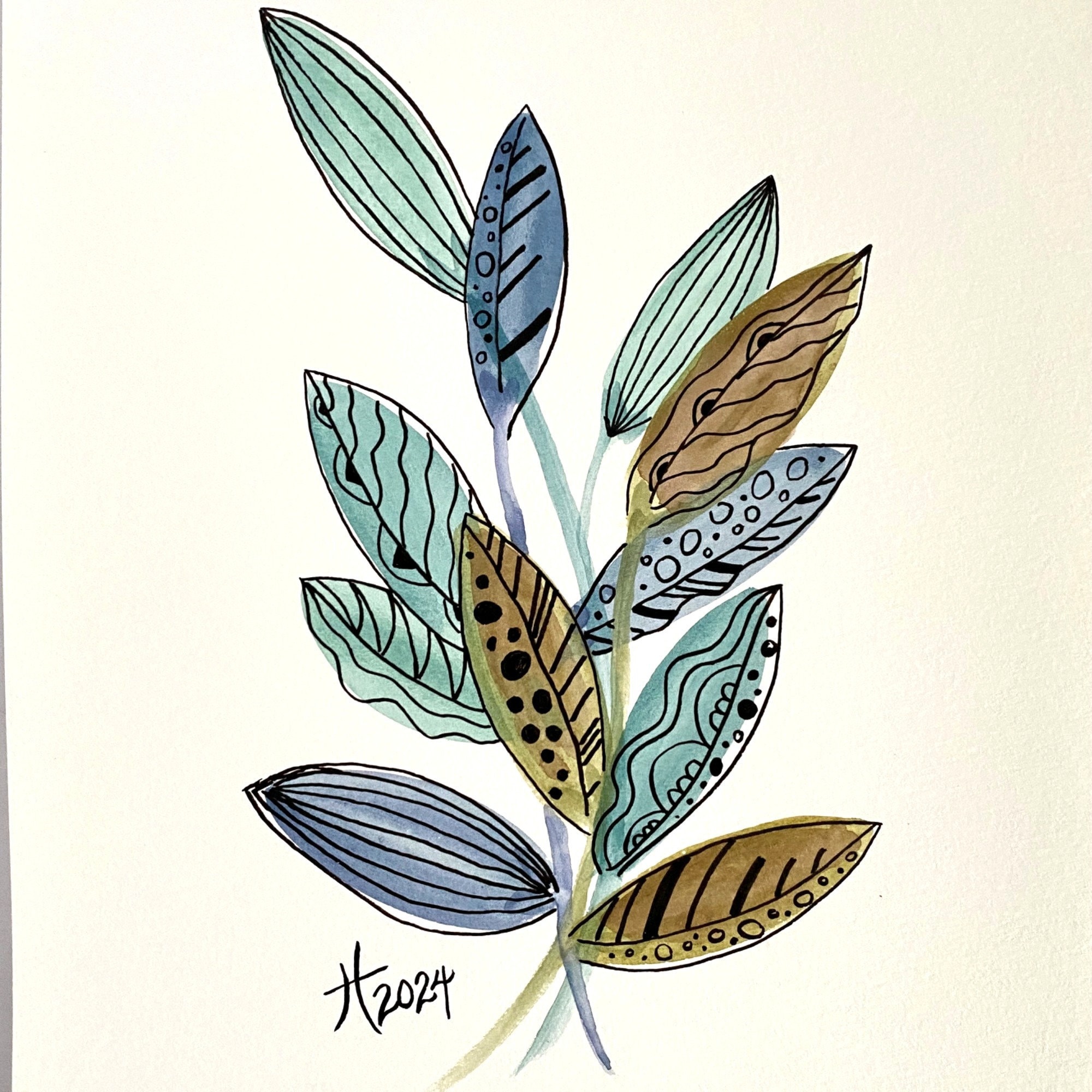 Funky Leaves Blue Green Original Watercolor Wall Art Painting 11x14in ...