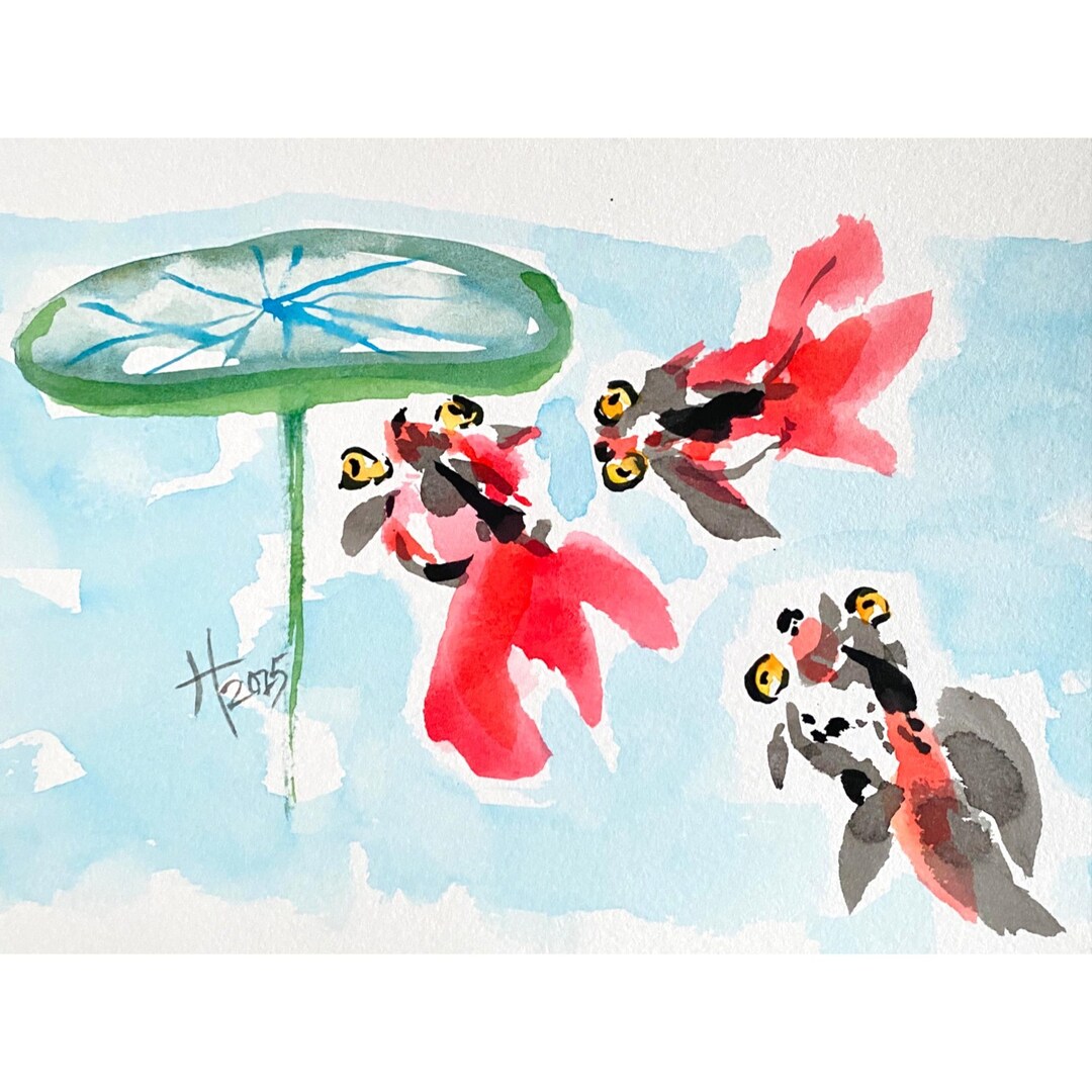Playful Goldfish Original Watercolor Wall Art Painting 8x10in Matted ...