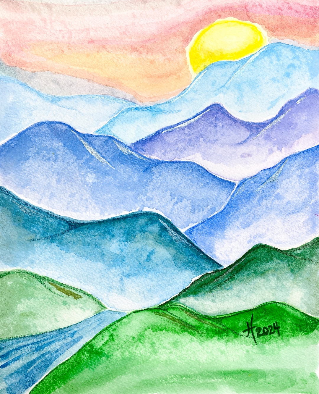 Colorful Mountainscape - Original Mountains Wall Art Watercolor ...