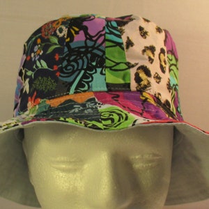 Reversible Bucket Hat, Multicolored Patchwork One Side and Solid Blue ...