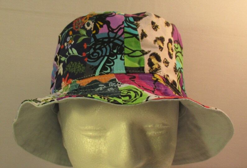 Reversible Bucket Hat, Multicolored Patchwork One Side and Solid Blue ...