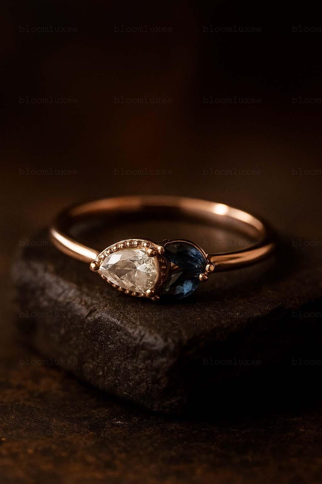 Teardrop Engagement Ring With Sapphire & Diamond, Gold Wedding Ring ...