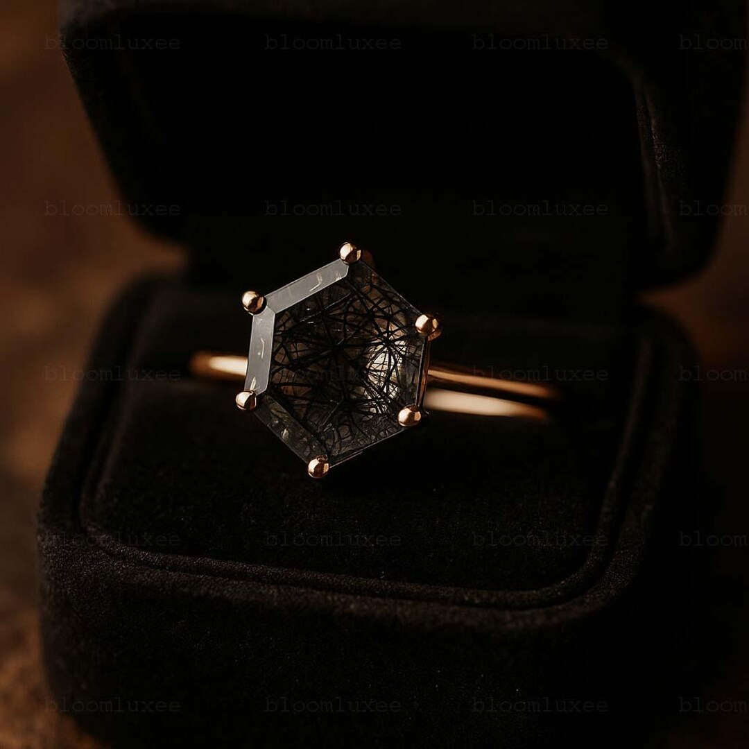 Hexagon Cut Black Rutilated Quartz Ring, Salt and Pepper Diamond Ring ...