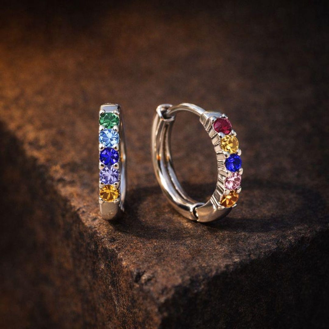 Multi Stone Hoop Earrings, Rainbow Gemstone Huggie Earrings, Colorful ...