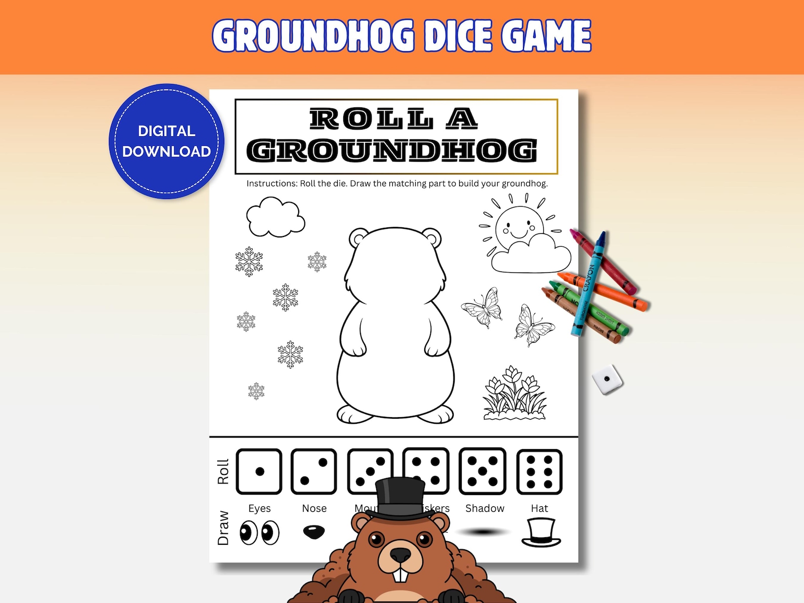 Groundhog Roll A Dice Die Game Coloring Printable | Digital Activity ...