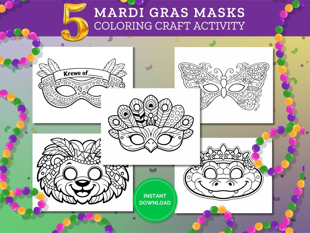 Mardi Gras Mask Bundle for Kids | 5 Printable Coloring Carnival Masks ...