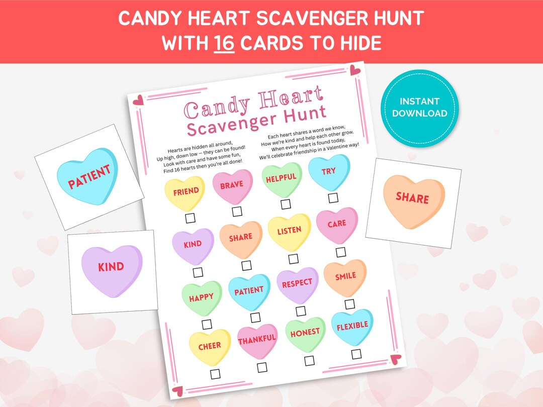 Valentine's Day Candy Heart Scavenger Hunt Game | Fun Valentine ...