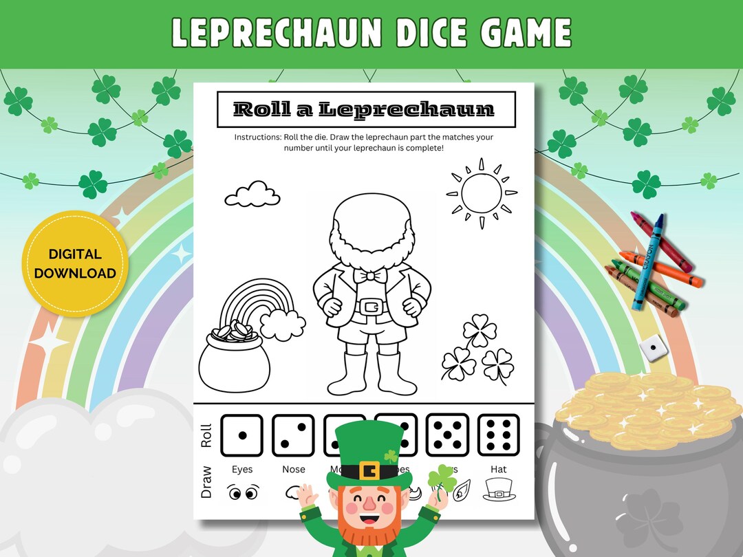 Leprechaun Dice Game, Leprechaun Coloring Page, St Patrick's Dice Game ...