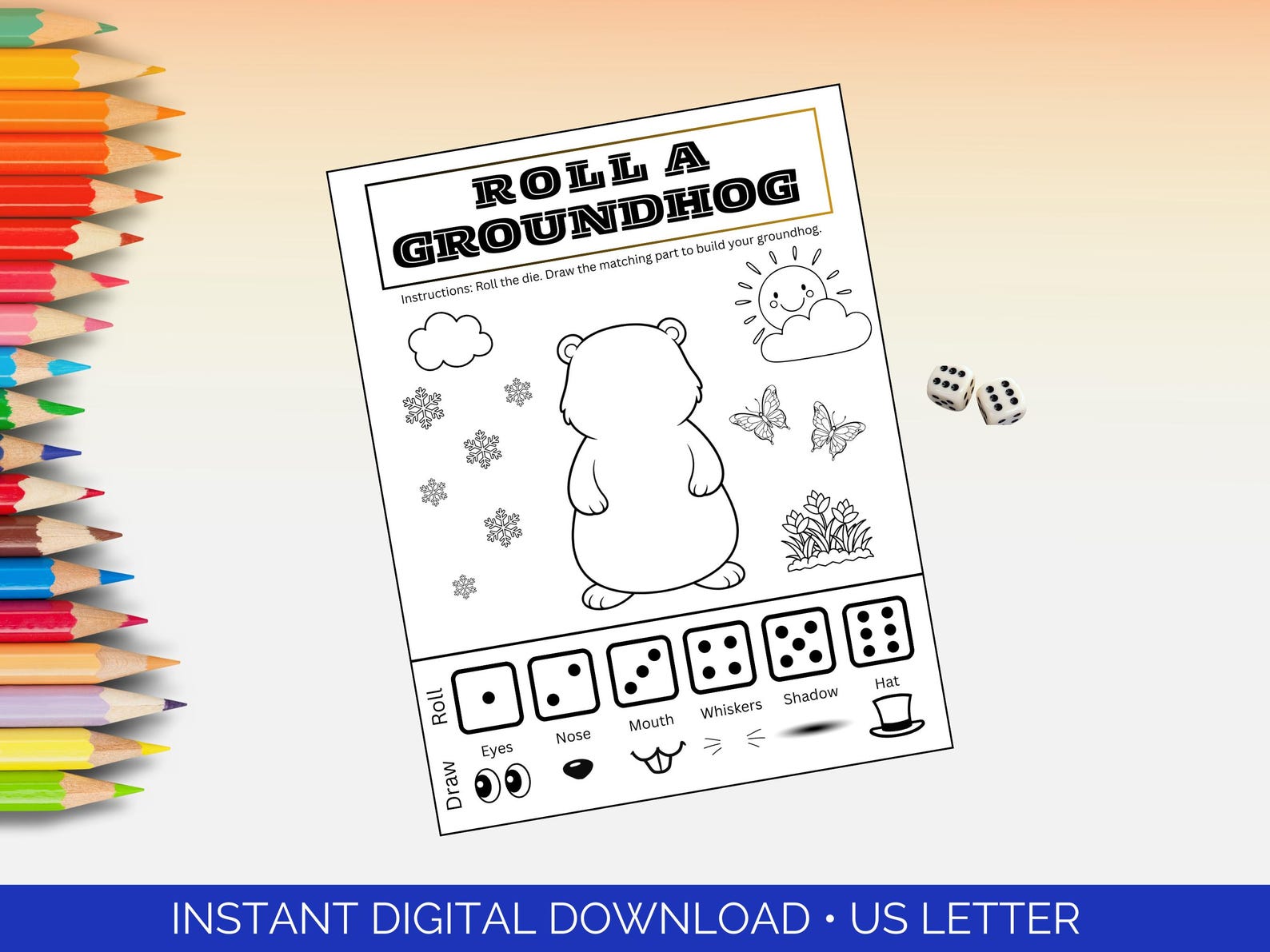 Groundhog Roll A Dice Die Game Coloring Printable | Digital Activity ...