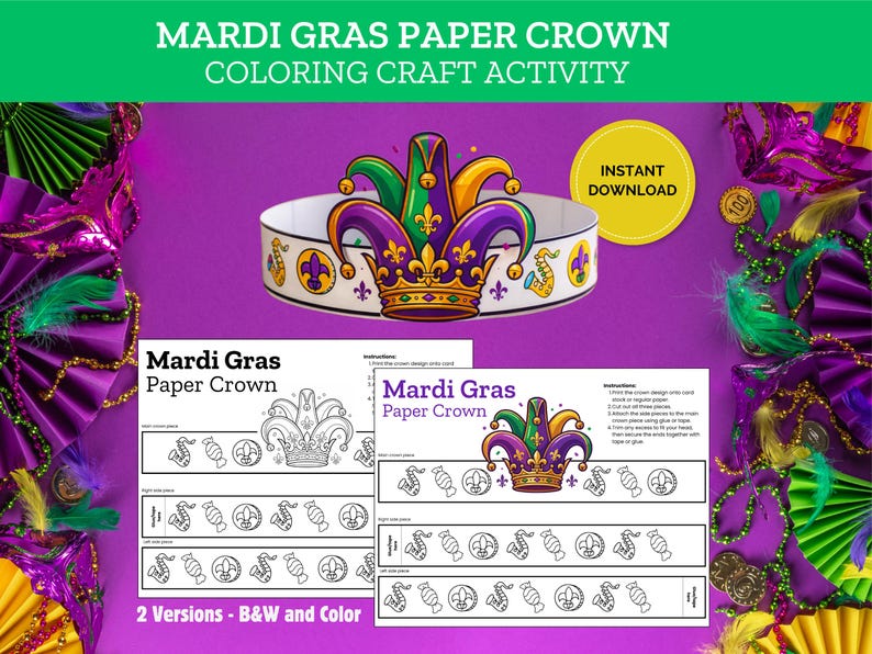 Mardi Gras Paper Crown Printable for Kids | DIY Carnival Crown Craft ...