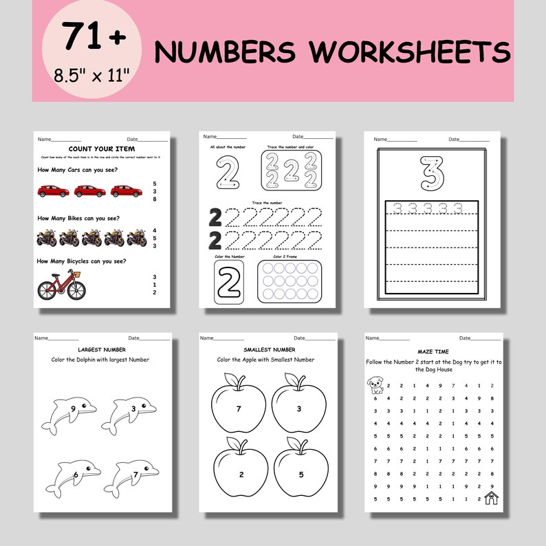Preschool Numbers Worksheets PDF, Tracing Count Color Maze Addition ...