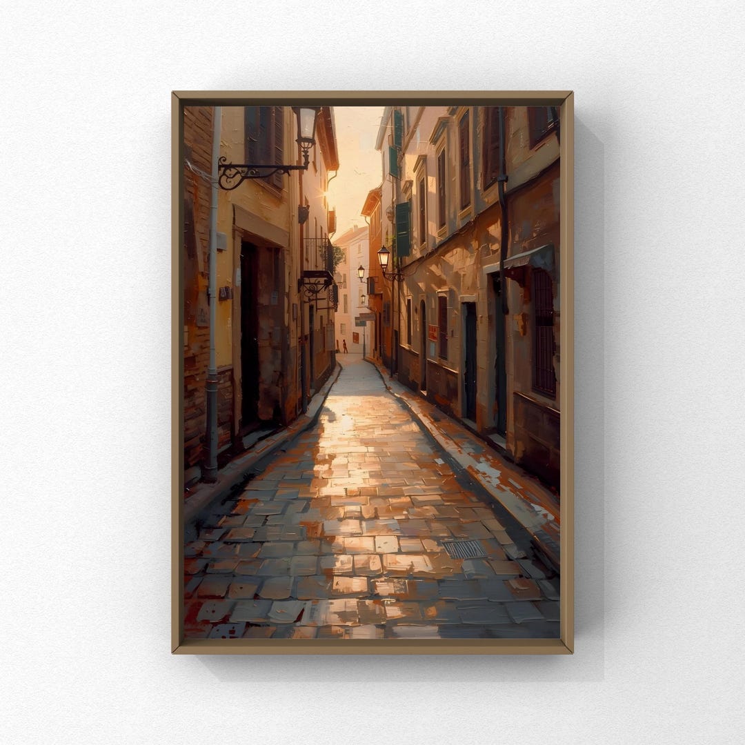 European Alley Wall Art Print | Warm Sunset Street Painting ...