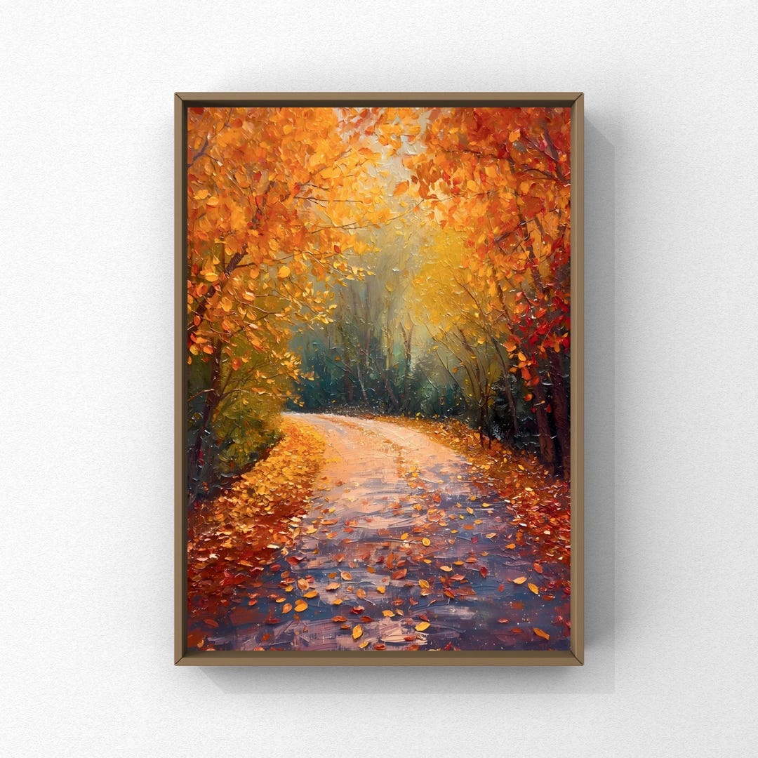 Autumn Forest Path Wall Art Print, Fall Landscape Painting, Cozy ...