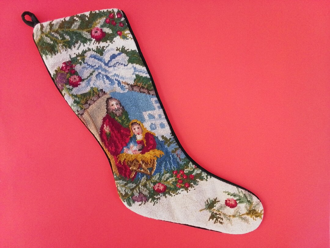 Vintage Needlepoint Stocking Jesus Mary and Joseph Christmas Decor ...