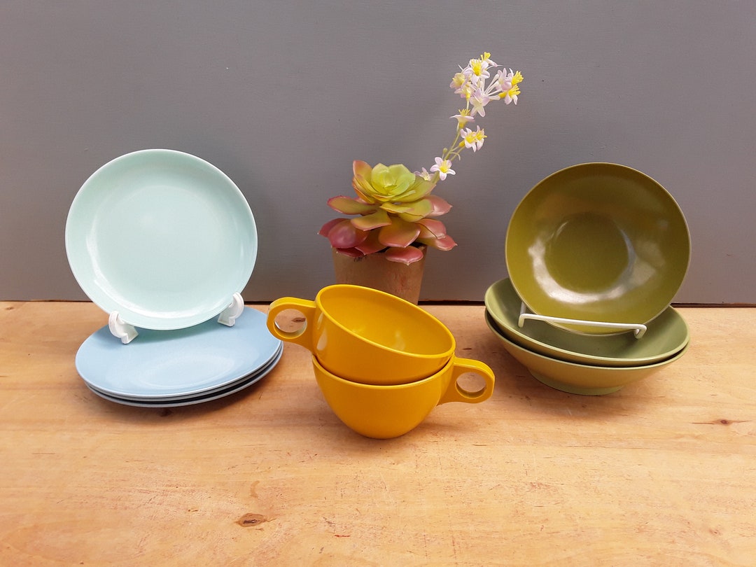 Vintage Multi-color Melamine Dishes - Dessert Plates - Bowls - Coffee ...