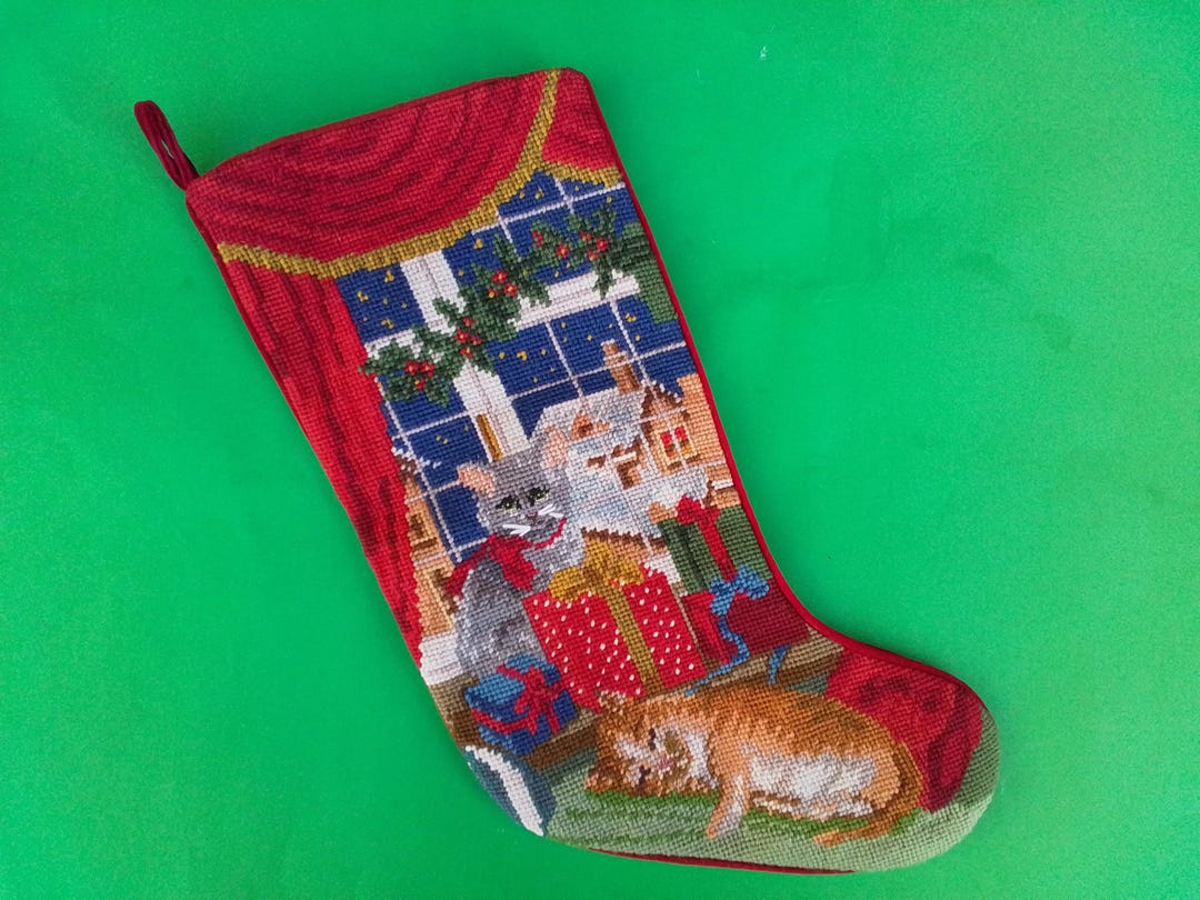Vintage Needlepoint Stocking - Gray Cat - Orange Cat - Christmas Decor ...