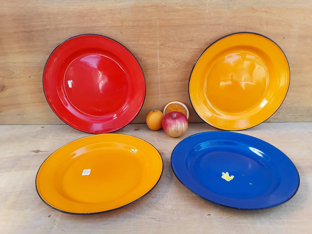 Vintage Enamelware Dinner Plates - Orange - Blue - Red Enamelware ...