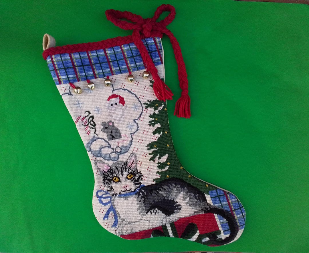 Vintage Needlepoint Stocking - Cat Stocking - Christmas Decor - Gray ...