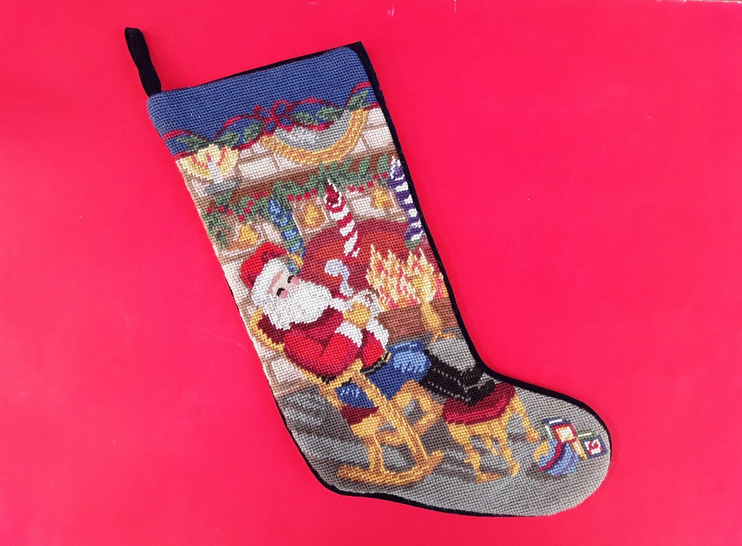 Vintage Needlepoint Stocking - Christmas - Santa in Rocking Chair ...