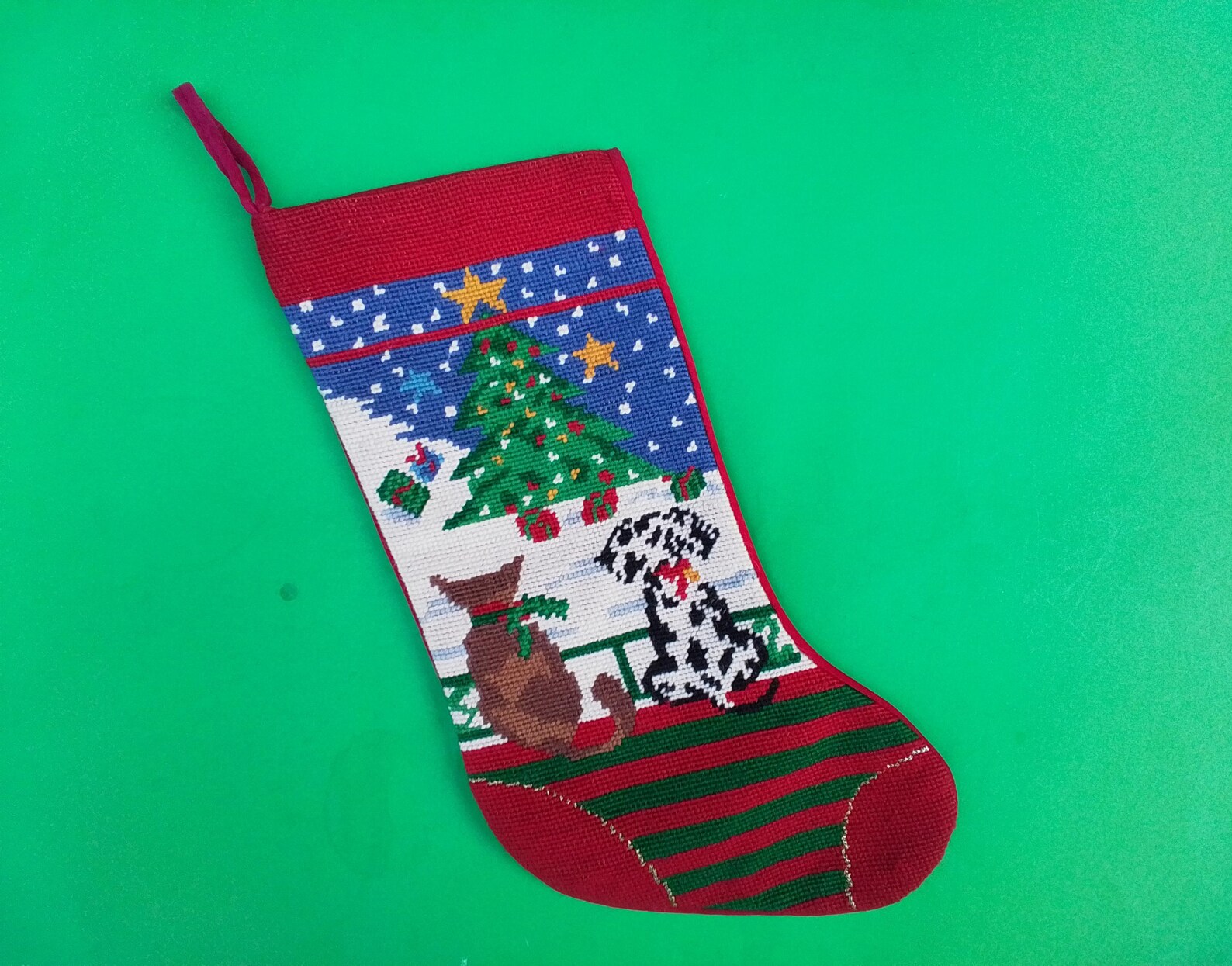 Vintage Needlepoint Stocking - Cat and Dog Stocking - Christmas Decor ...