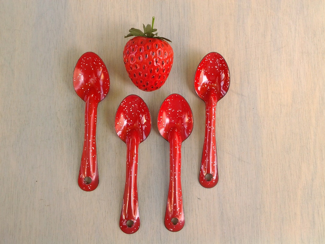 Vintage Red Enamelware Teaspoons - Enamel Spoons - Camping Spoons ...