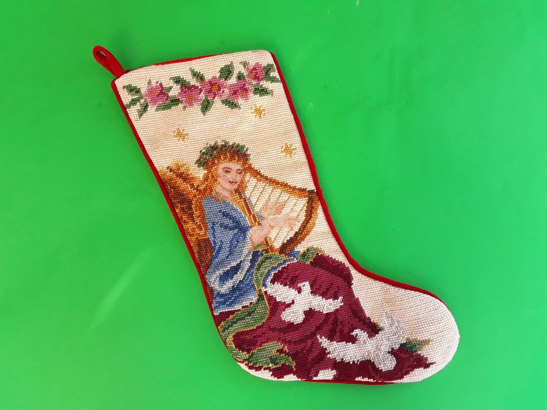 Vintage Needlepoint Stocking - Angel With Lyre Stocking - Christmas ...
