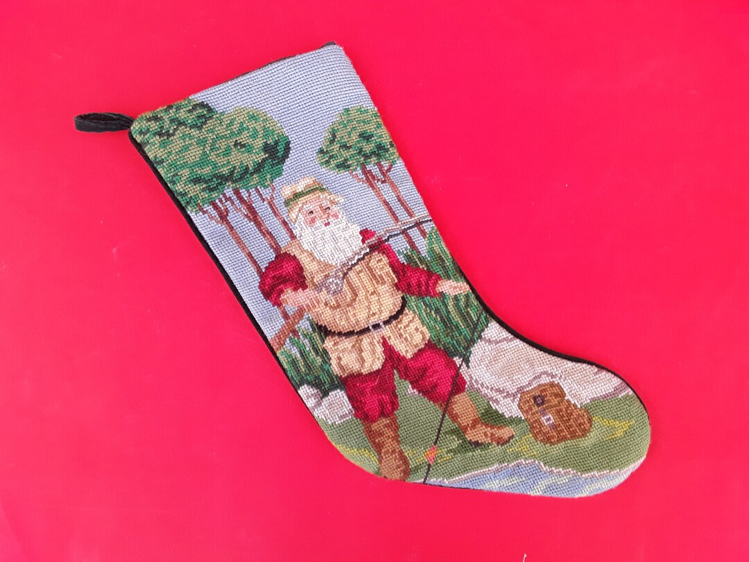 Vintage Needlepoint Fishing Stocking - Fisherman Stocking - Christmas ...