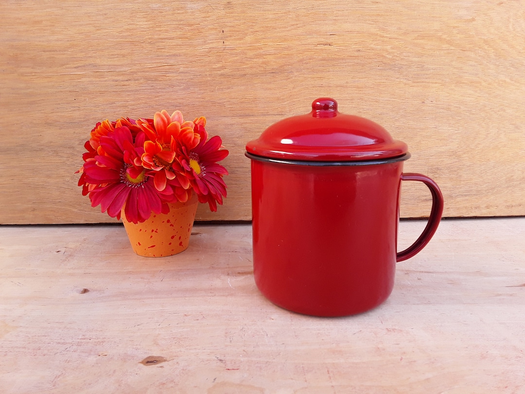 Vintage Large Enamelware Mug - Enamelware Cup With Lid - Camping Mug ...