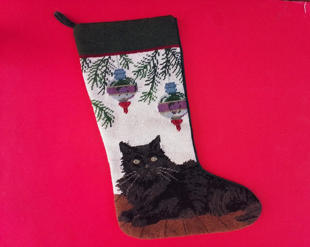 Vintage Needlepoint Stocking - Black Cat Stocking - Holiday Decor ...