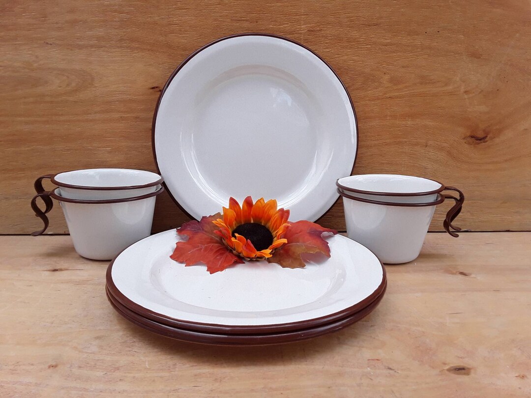 Vintage Enamelware Plates and Cups - Brown Edges - 8 Pc. Enamel Dish ...