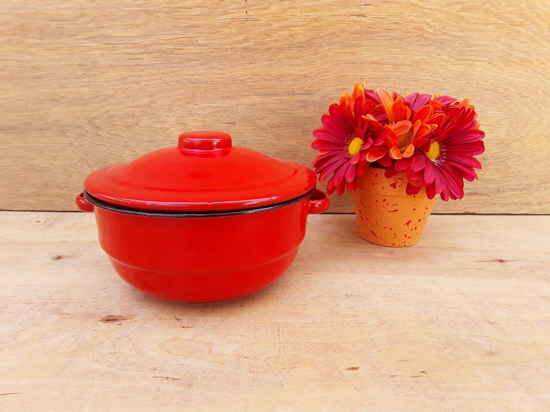 Vintage Enamelware Covered Pot - Red Pot With Lid - Graniteware - Farm ...
