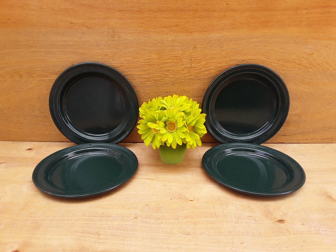 Vintage Enamelware Plates - Dark Green Enamelware - Graniteware ...