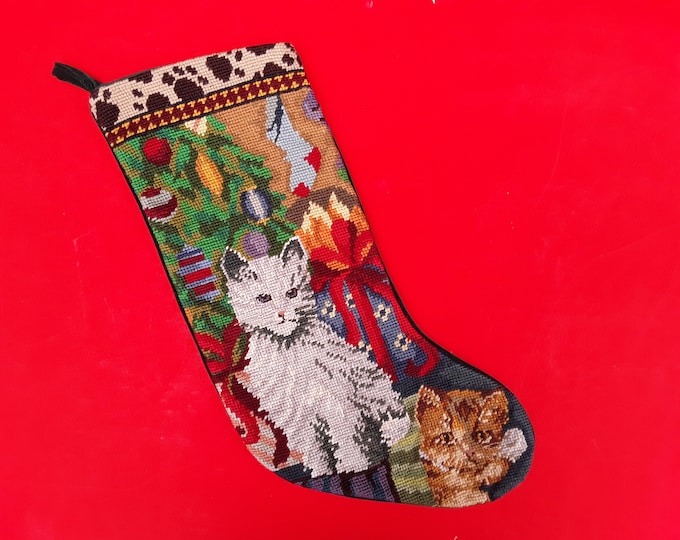 Vintage Needlepoint Stocking - Gray Cat - Orange Cat - Christmas Decor ...