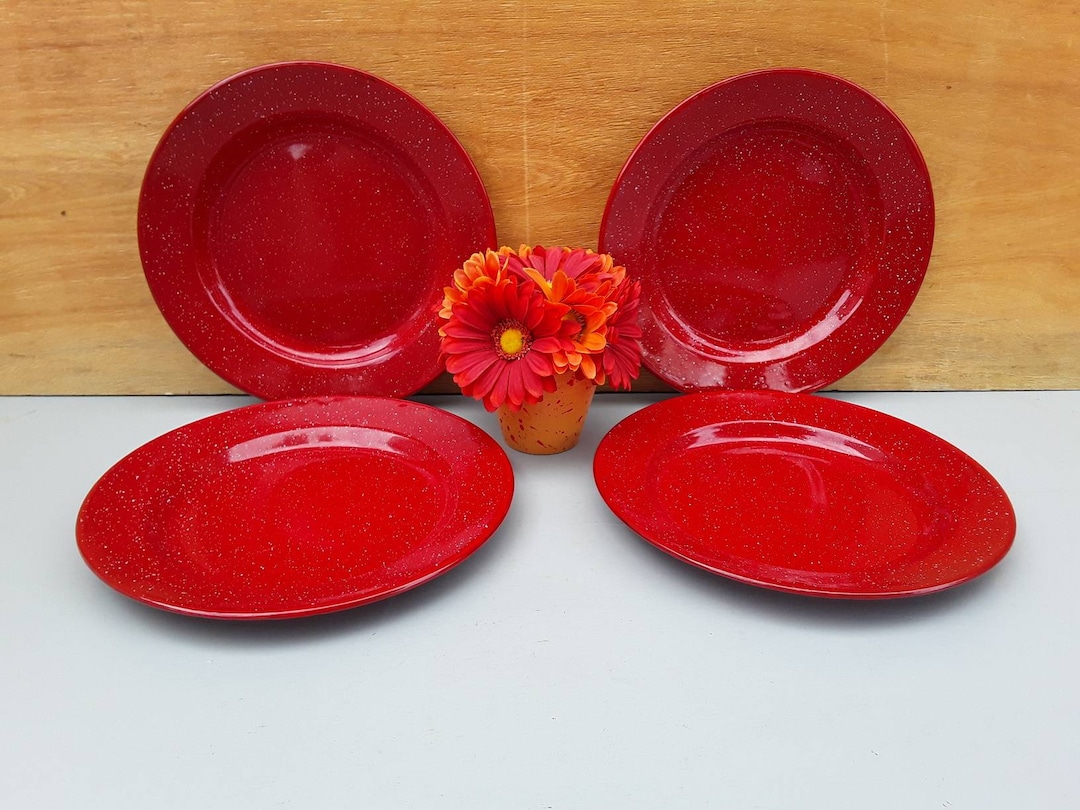 Vintage Red Enamelware Dinner Plates - Graniteware - Enamelware Plates ...