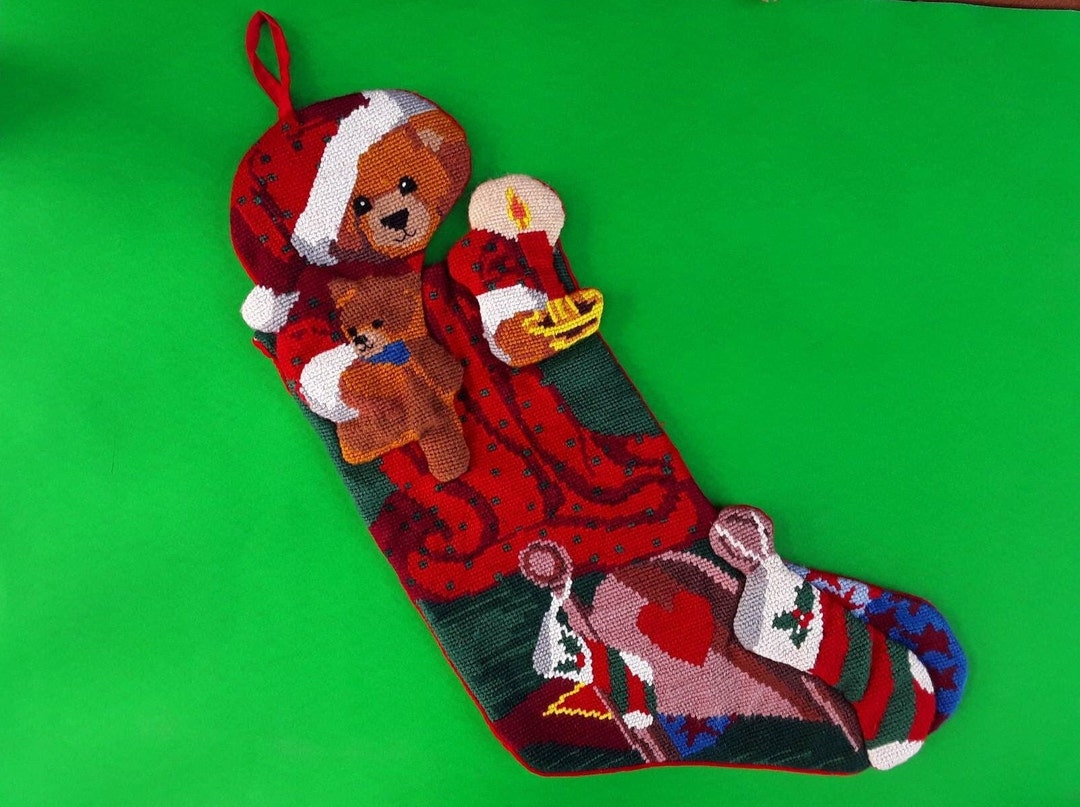 Vintage Needlepoint Stocking - Teddy Bear - Christmas Stocking - Bear ...