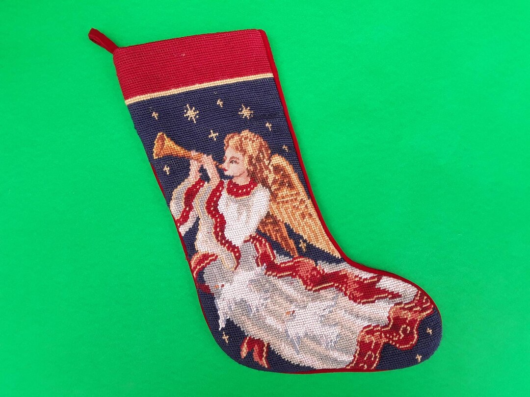 Vintage Needlepoint Stocking - Angel With Wings - Horn - Christmas ...