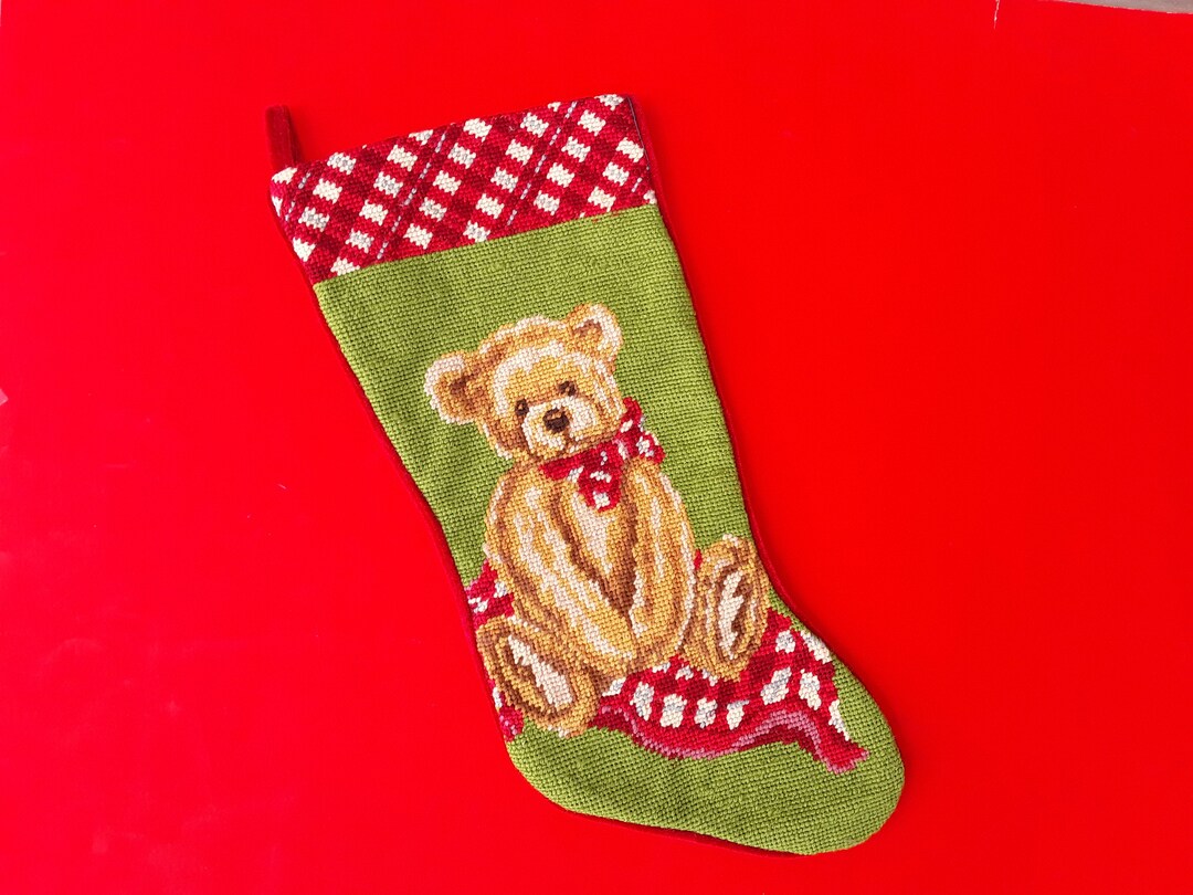 Vintage Needlepoint Stocking - Teddy Bear - Christmas Decor - Christmas ...