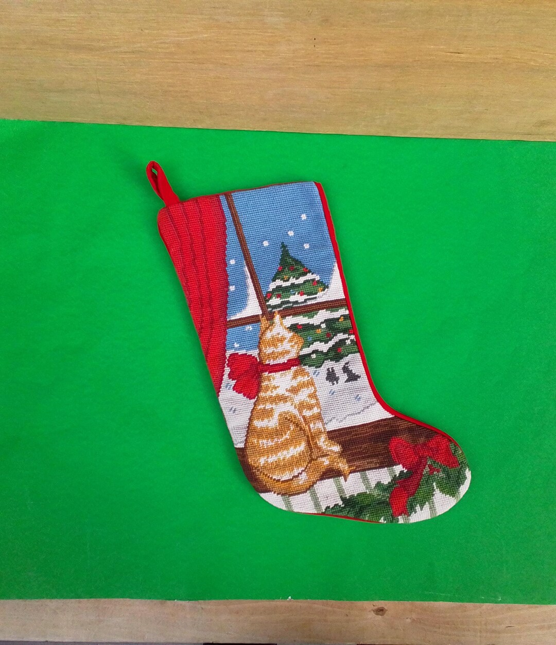Vintage Needlepoint Stocking Cat Stocking Christmas Decor Orange Tabby ...