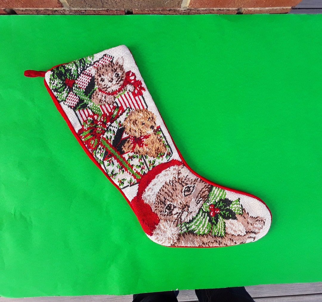 Vintage Needlepoint Stocking Cat Dog Puppy Christmas - Etsy