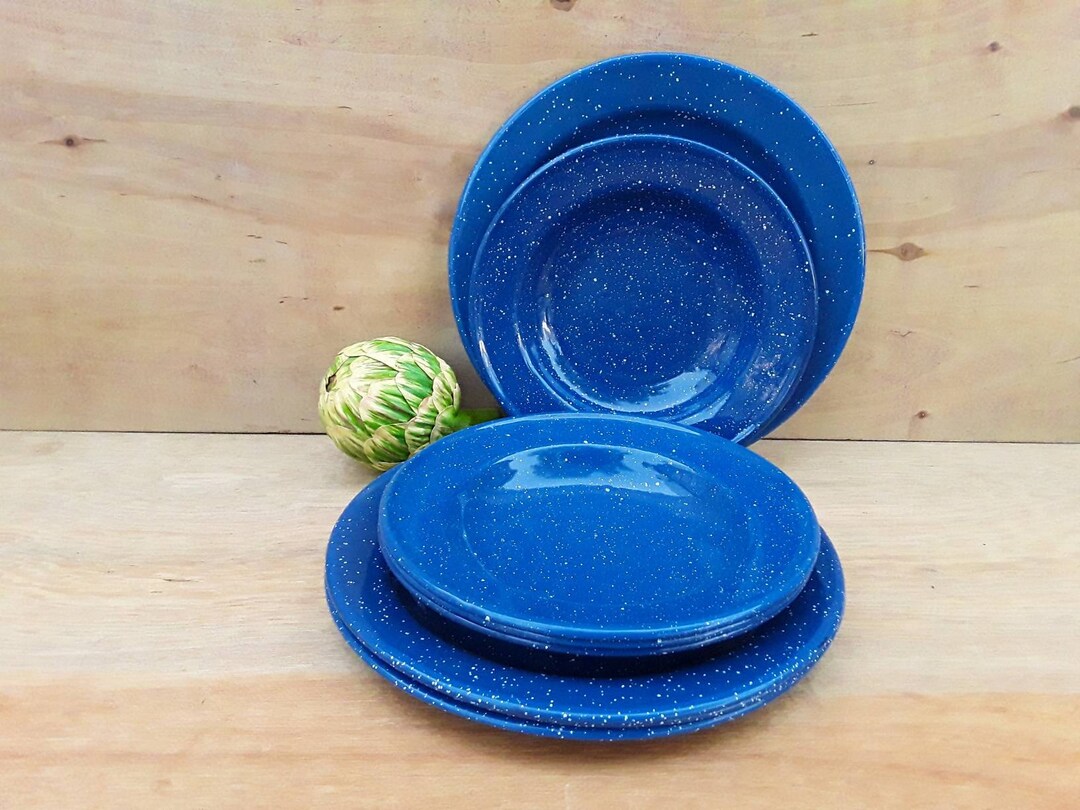 Vintage Enamelware Dishes - Blue Enamelware Plates and Bowls - Outdoor ...