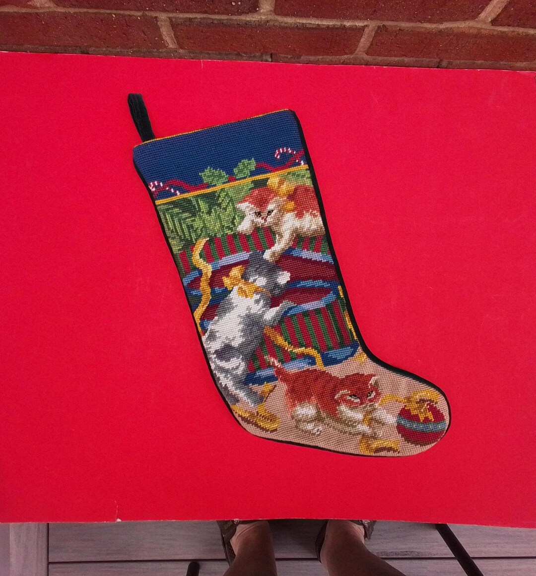 Vintage Needlepoint Stocking Cats Stocking Christmas Decor Orange Tabby ...