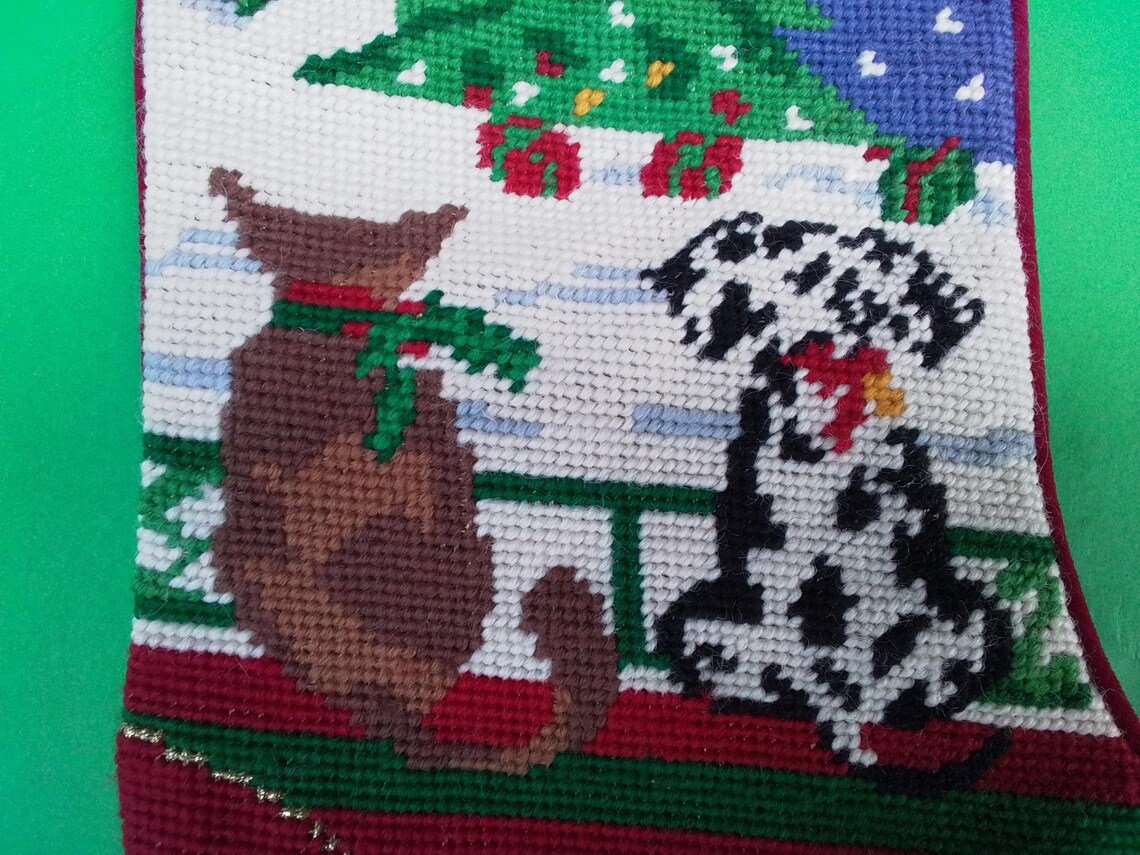 Vintage Needlepoint Stocking - Cat and Dog Stocking - Christmas Decor ...