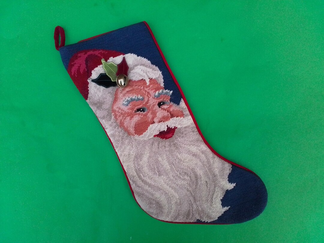 Vintage Needlepoint Stocking - Santa Stocking - Jingle Bell - Christmas ...