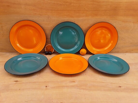 Vintage Enamelware Plates Teal Orange Enamelware - Etsy