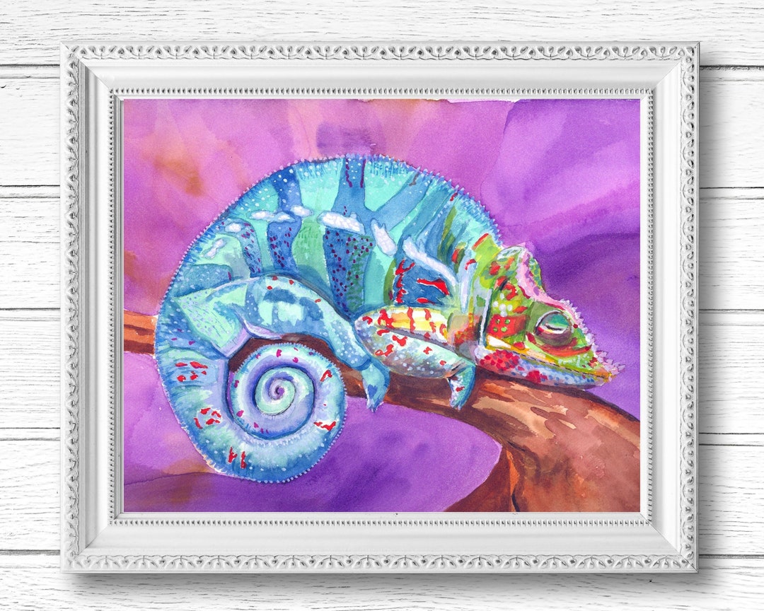 Colorful Chameleon Lizard Watercolor Painting | Digital Download ...