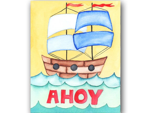 Watercolor Painting for Kids Room Ahoy Sail Boat Original - Etsy