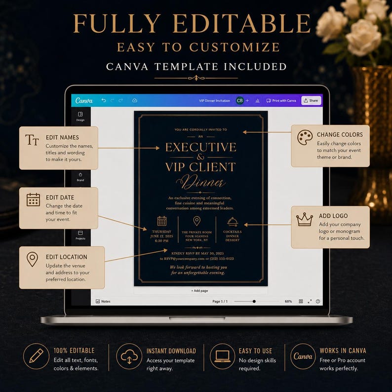 Executive VIP Client Dinner Invitation, Corporate Event, Editable Canva ...